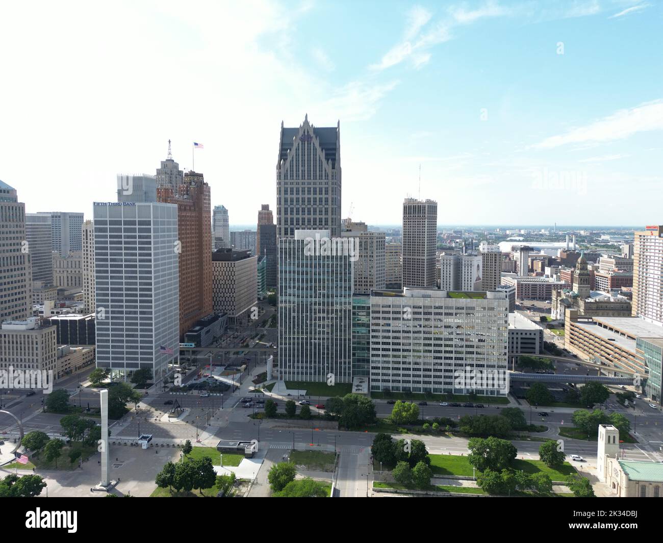 A drone view of the Hart Plaza skyscraper towers in Downtown Detroit ...