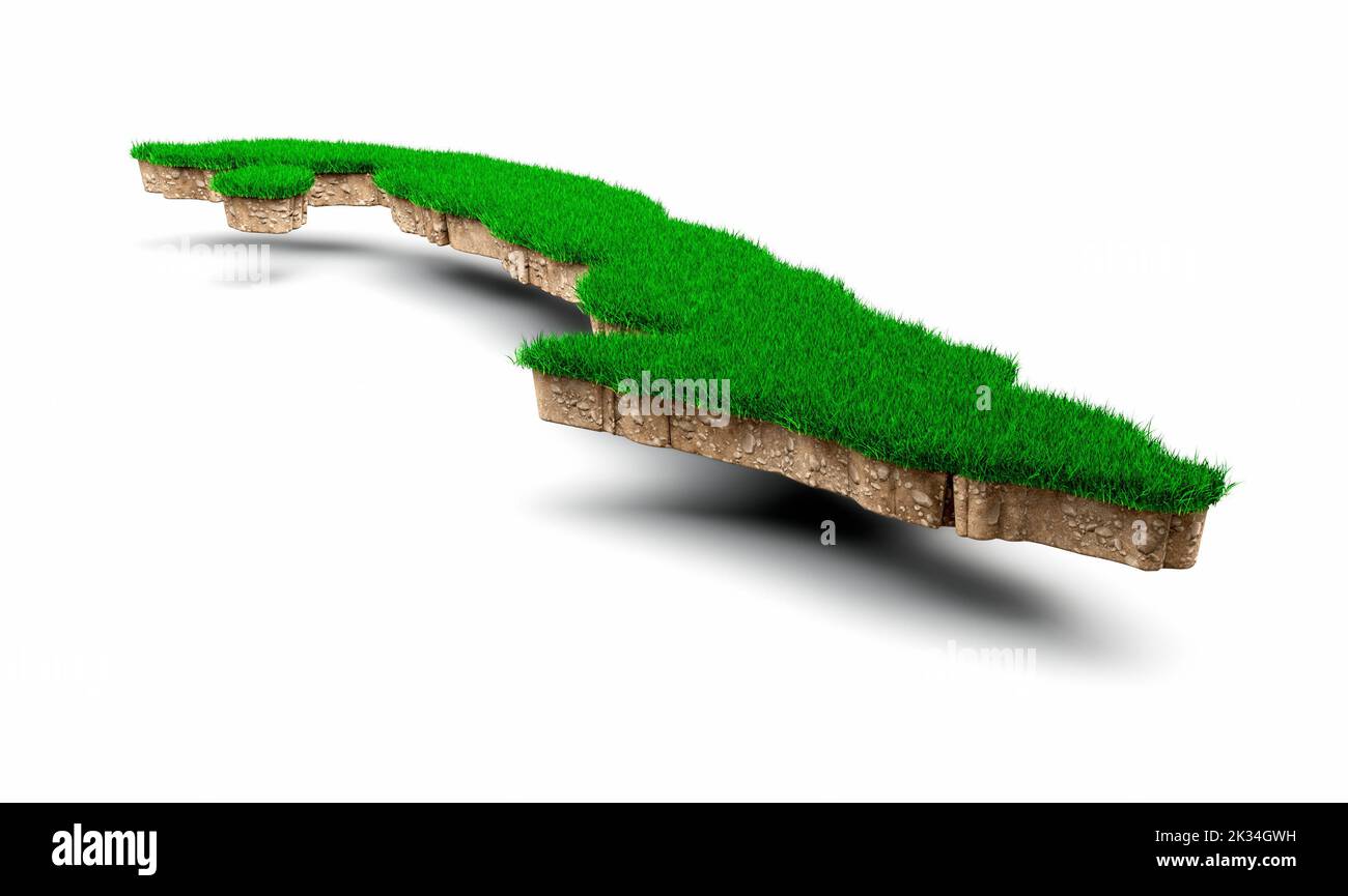 A 3D rendering of Cuba Map soil land geology cross section with green ...