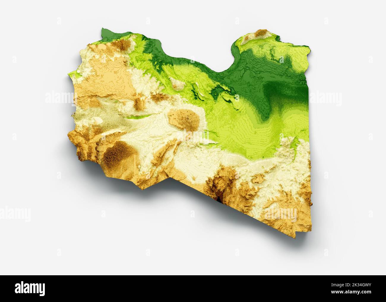 A 3D rendering of Libya map shaded relief color height map on white ...