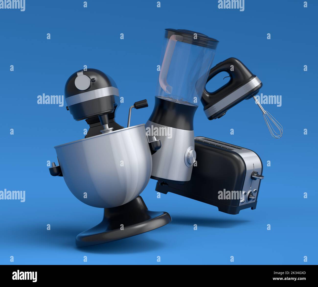 Electric kitchen appliances and utensils for making breakfast on blue ...