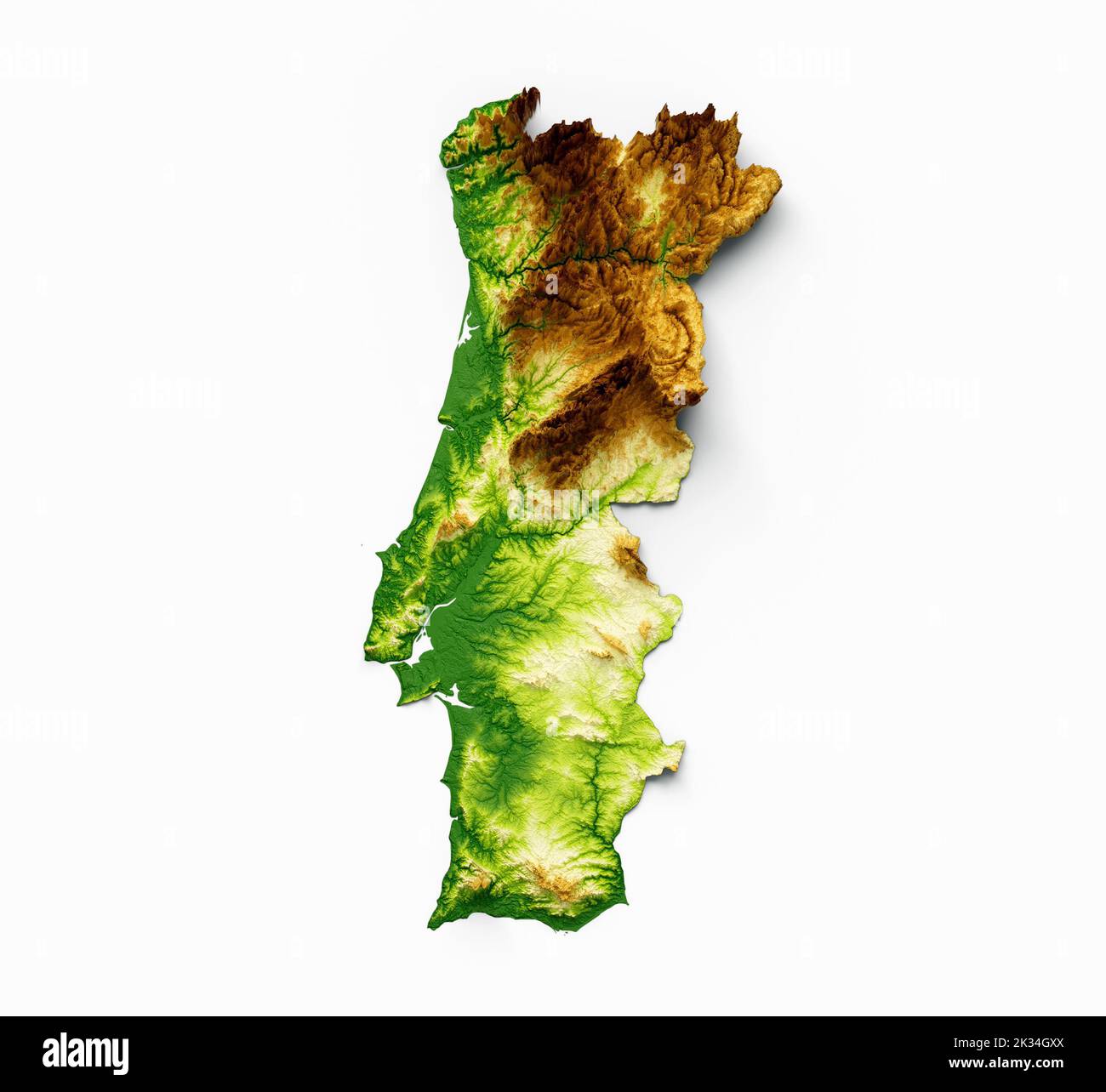 A 3D rendering of Portugal map shaded relief color height map on the ...