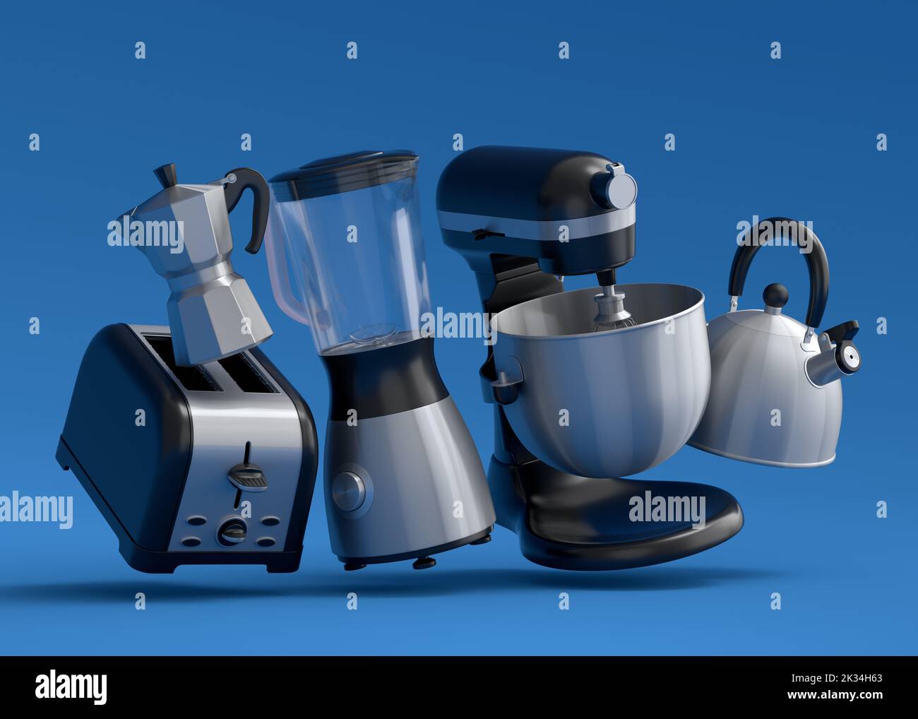 Electric kitchen appliances and utensils for making breakfast on blue ...