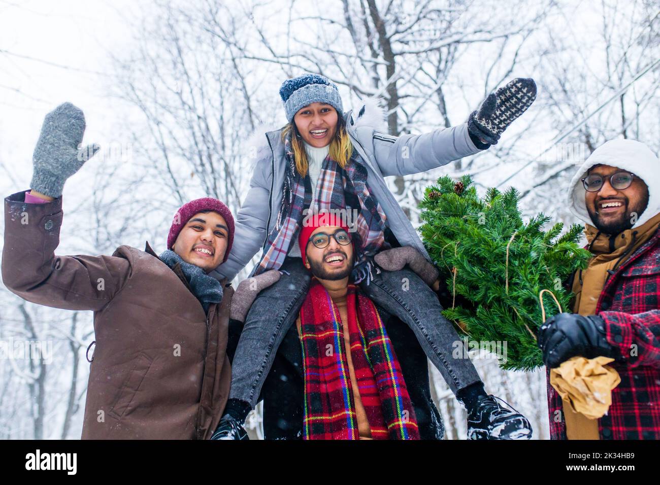 Outdoor lifestyle portrait of four best friends carrying the tree to ...