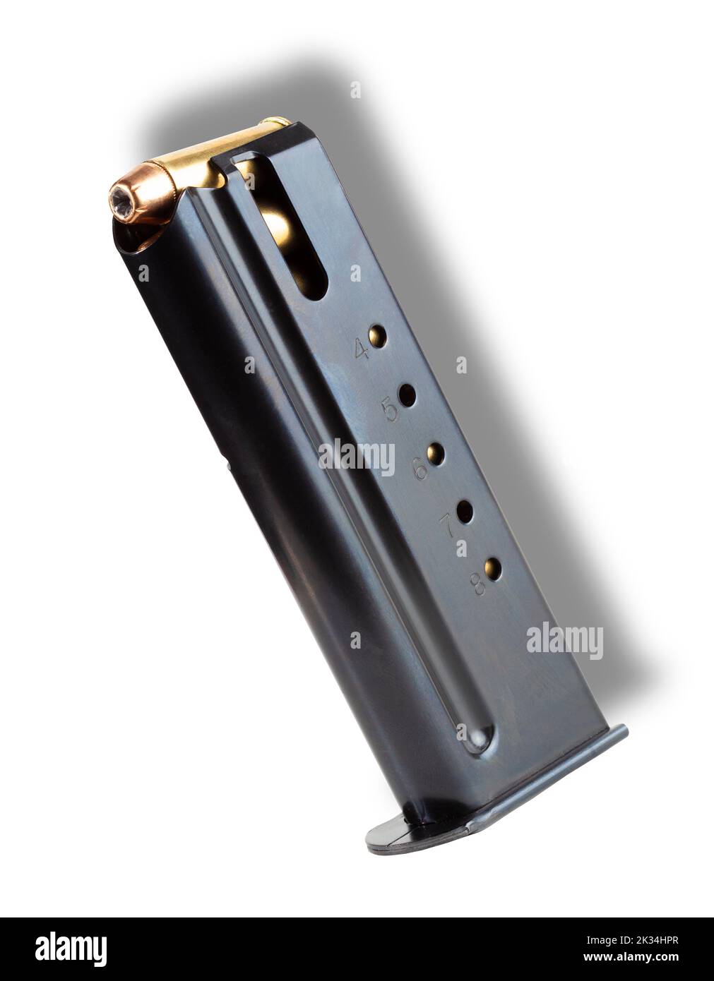 Semi-automatic handgun magazine with cartridges on white with drop ...