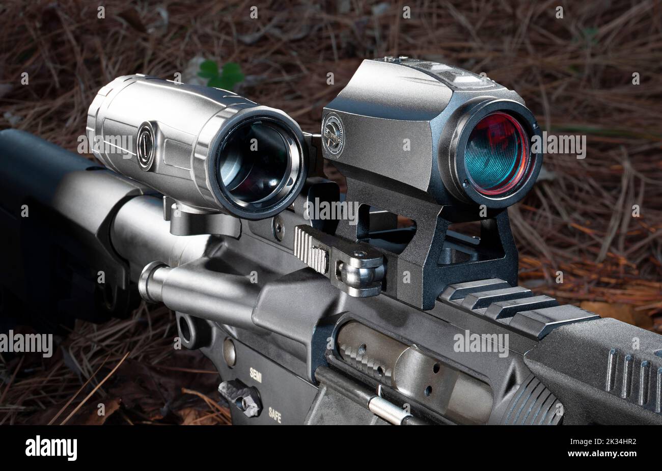Magnifier on the side of a red dot scope on an assault rifle Stock ...