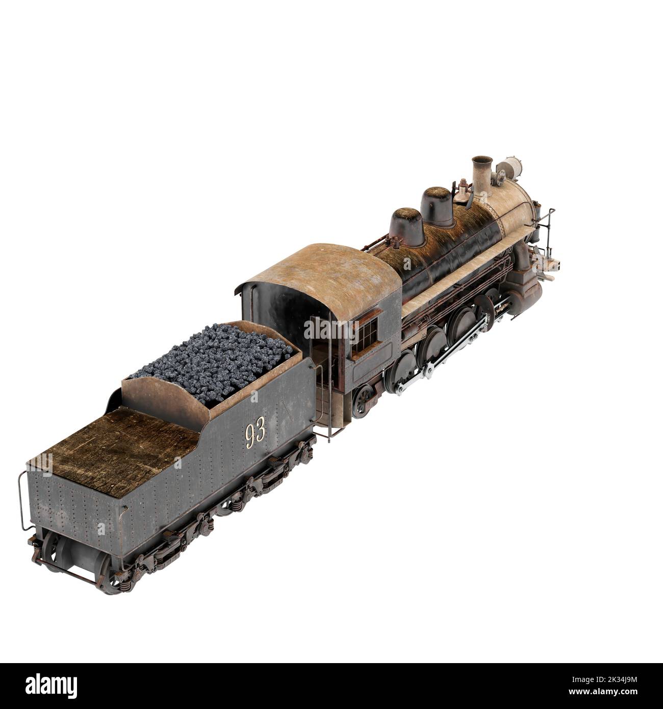 A 3D illustration of a rusty coal steam locomotive on a white ...