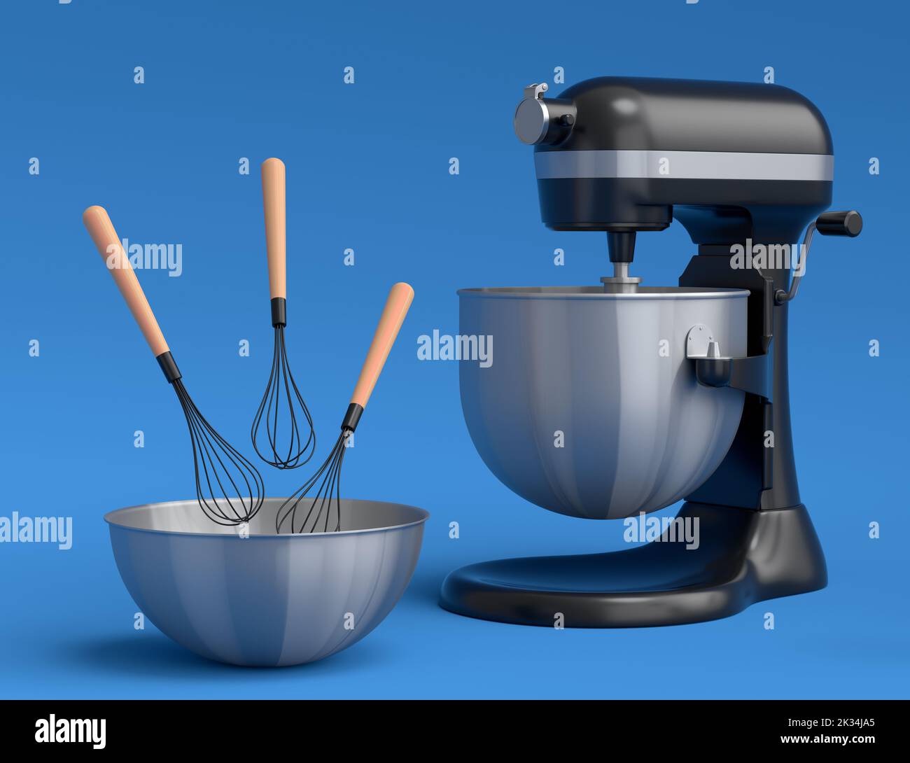 Mixer and metal bowl with kitchen utensil for preparation of dough on ...