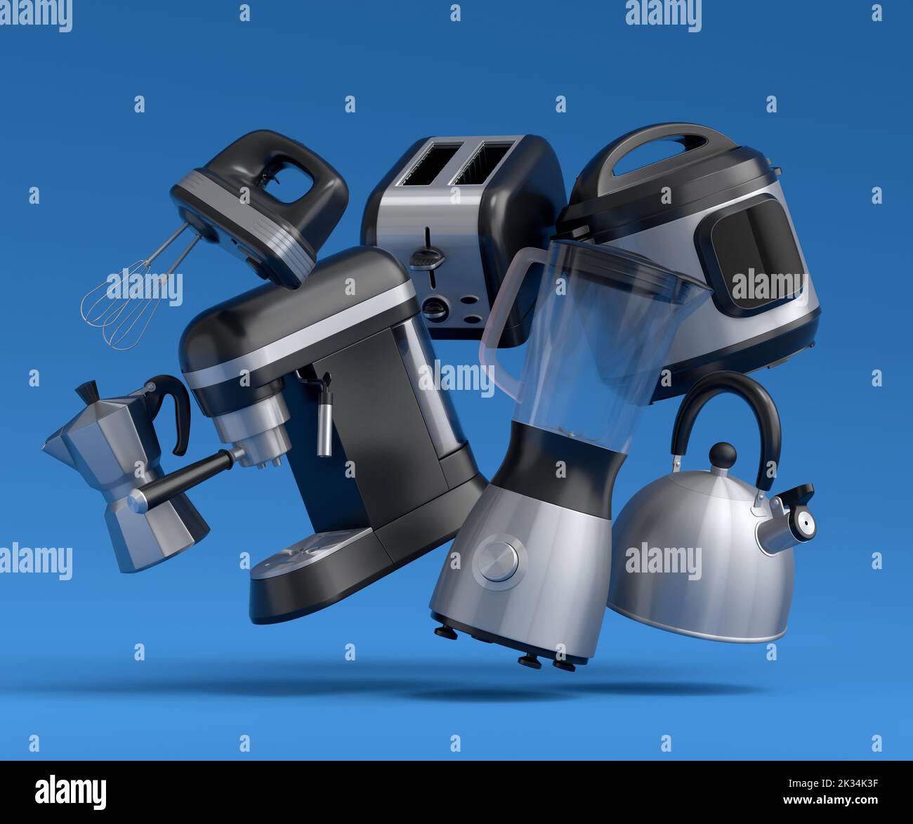 Electric kitchen appliances and utensils for making breakfast on blue ...