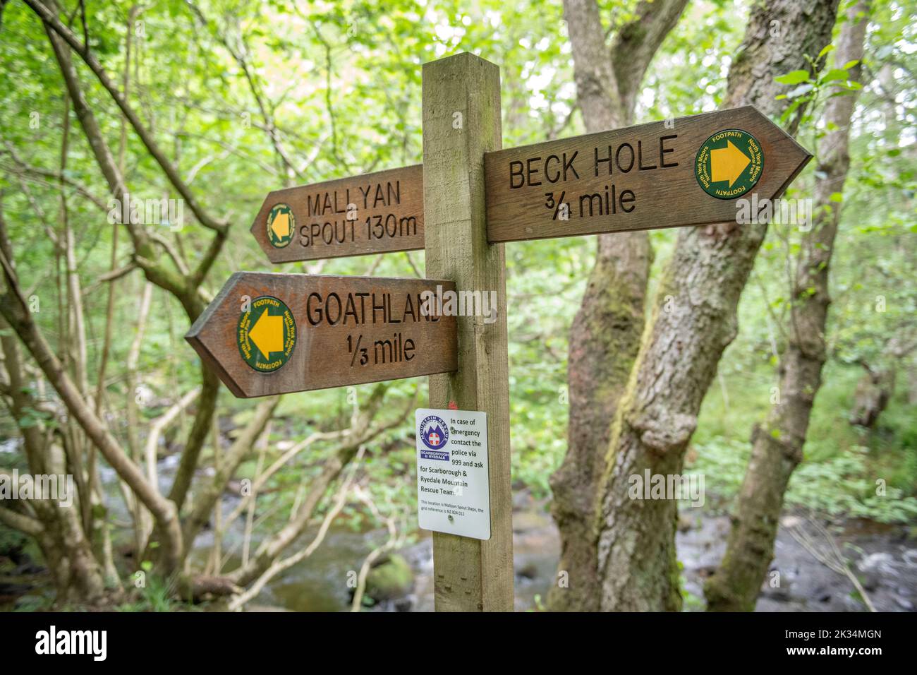 A footpath sign on the walk to Mallyan Spout waterfall between ...