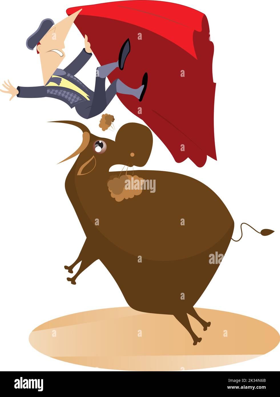 Bullfighter and the rage bull isolated. Bull raised the bullfighter by ...