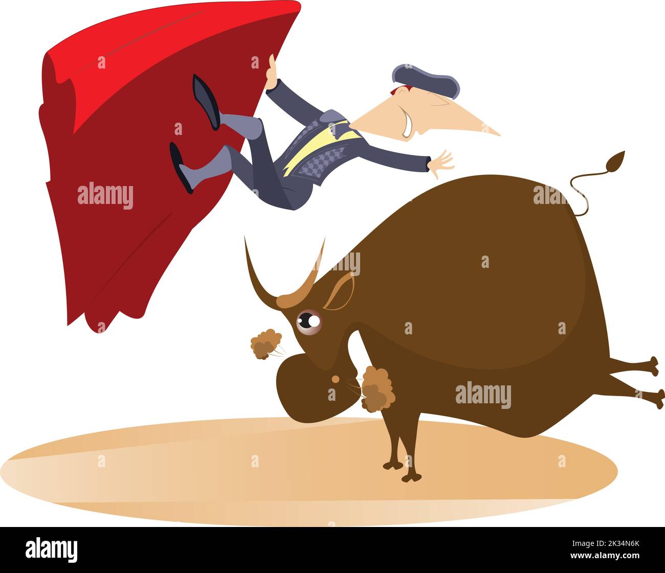 Bullfighter and the rage bull isolated. Bull raised the bullfighter by ...