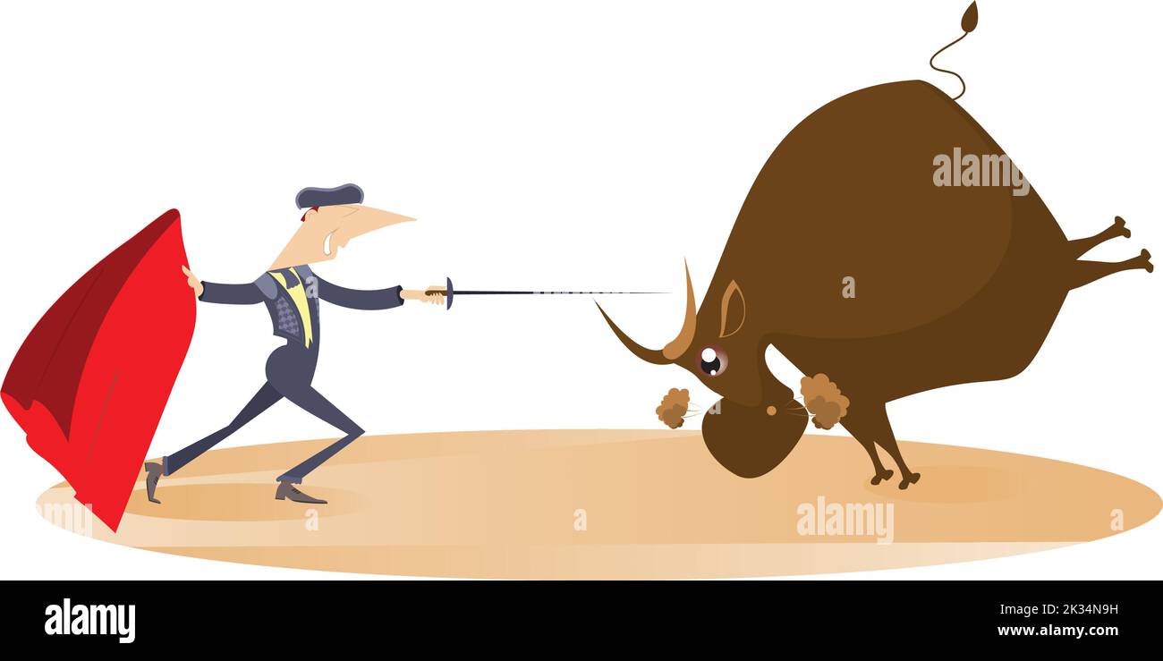 Bullfighter and angry bull illustration. Cartoon bullfighter with ...