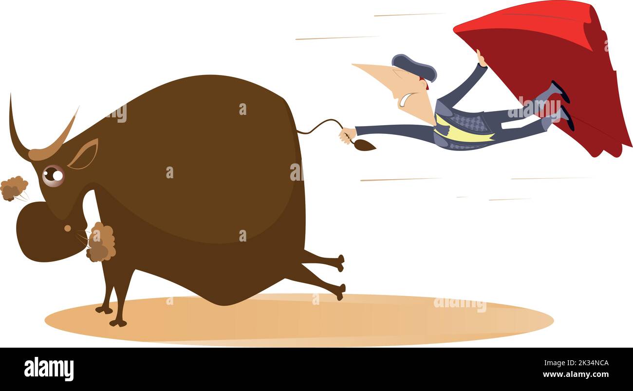 Bullfighter catches a running bull by tail. Bullfighter and a bull ...