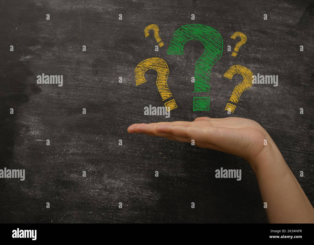 Palm with yellow colorful question marks near chalkboard Stock Photo ...