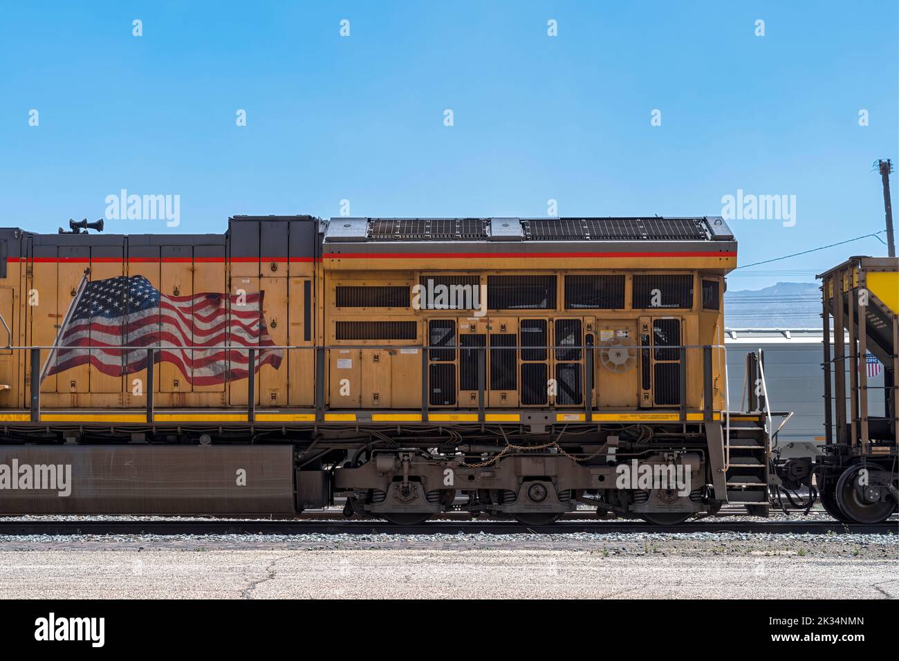 The engine compartment of a Union Pacific locomotive waiting in a ...