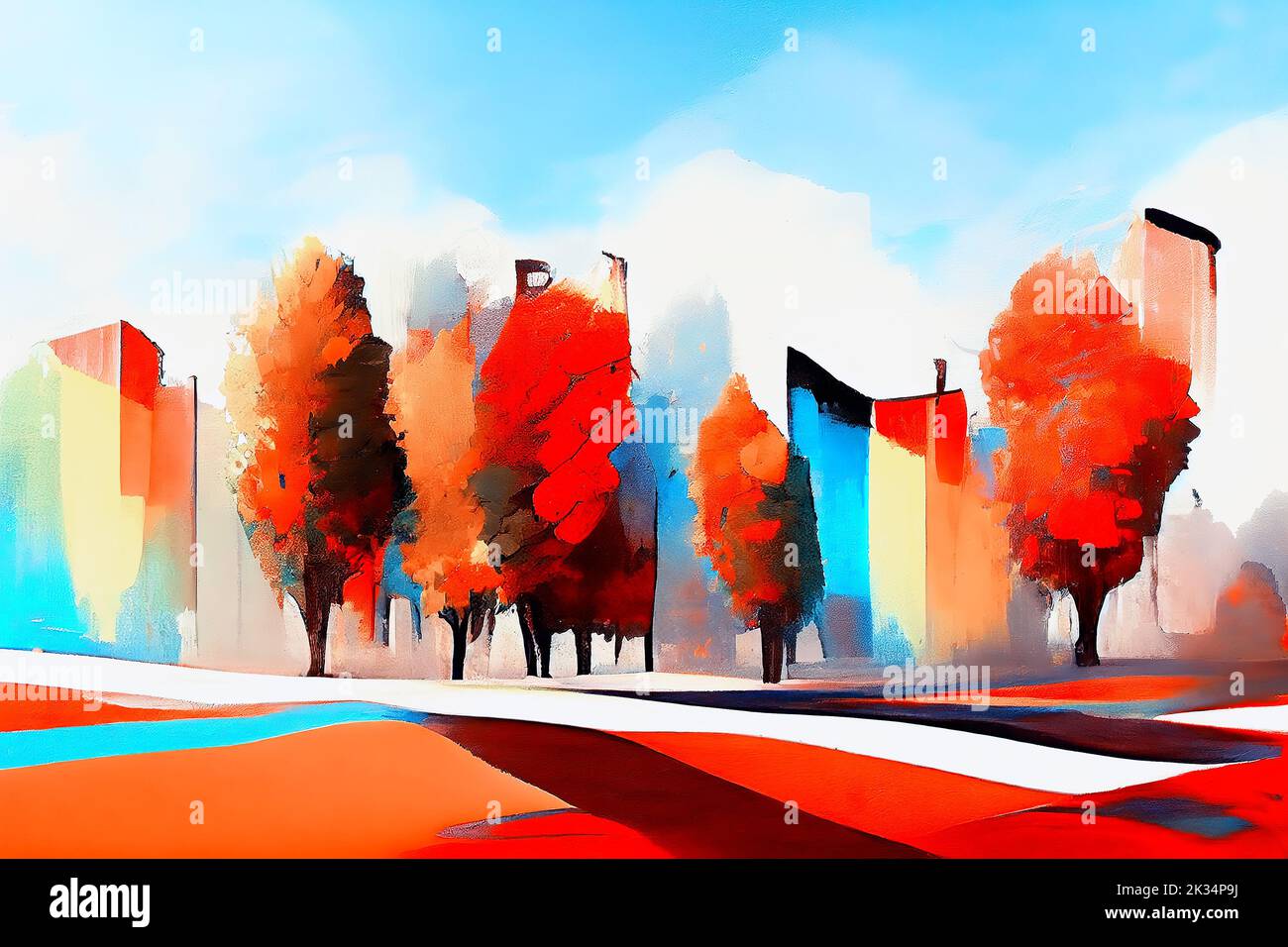 Autumn forest rainbow colorful colors. Style modernism. Artistic effect ...