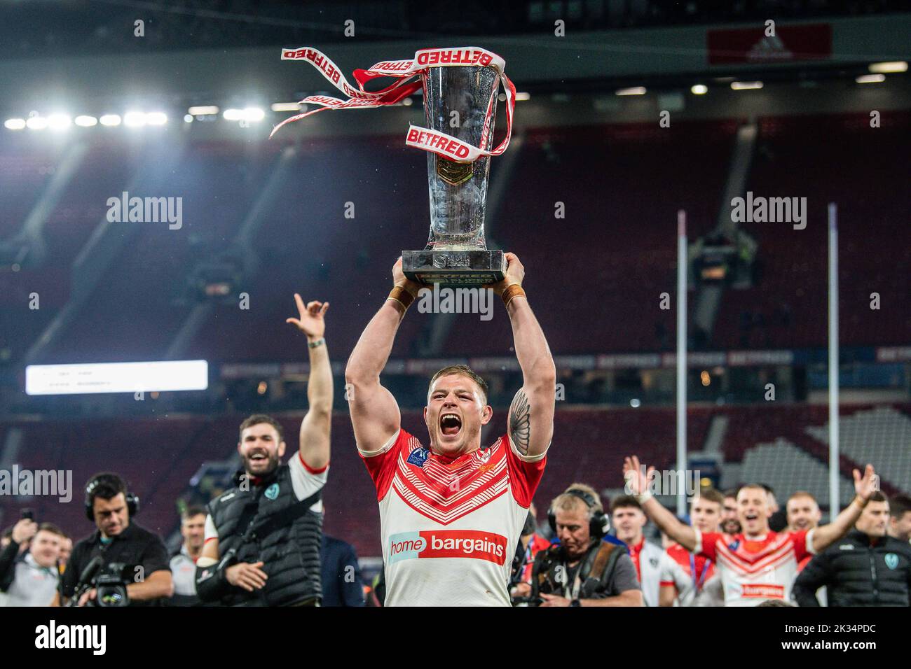 Morgan Knowles #13 of St Helens celebrates as he Lifts the Grand Final ...