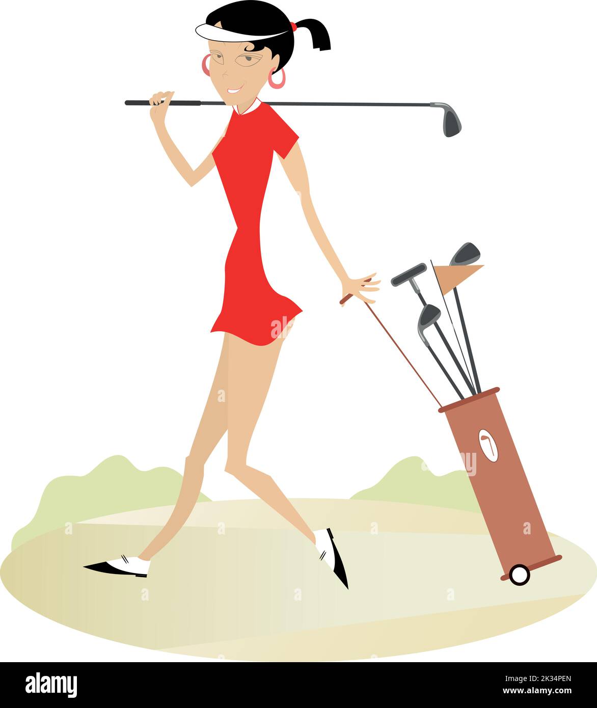 Smiling golfer woman goes to play golf illustration. Cartoon smiling ...