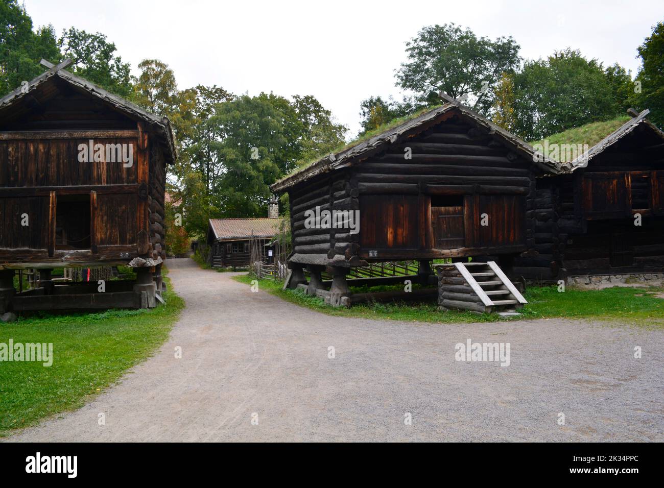 Oslo, Norway, September 2022: Old wooden houses with grass roofs ...