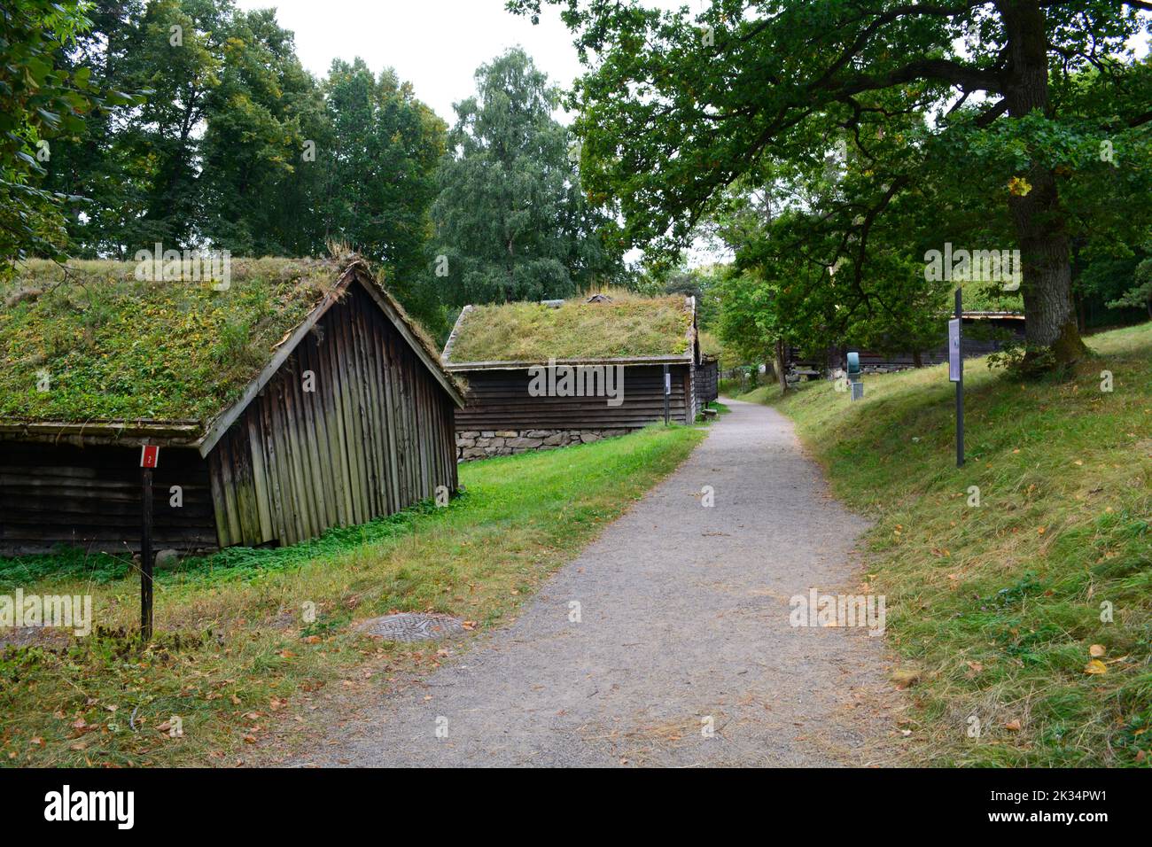 Oslo, Norway, September 2022: Old wooden houses with grass roofs ...