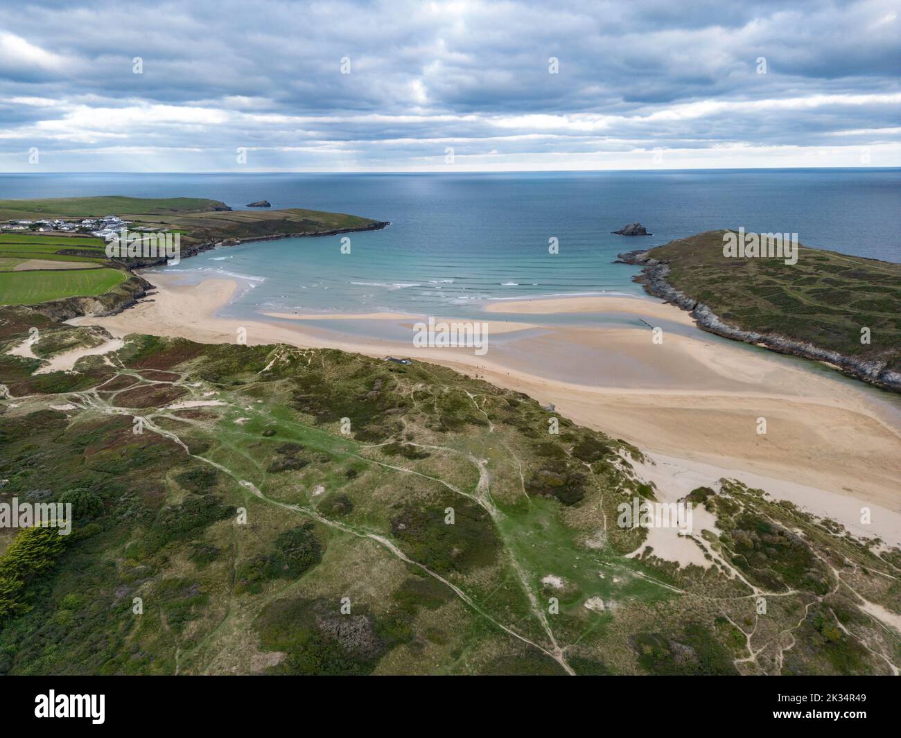 An aerial view of Crantock beach on the north Cornwall Coastline with ...