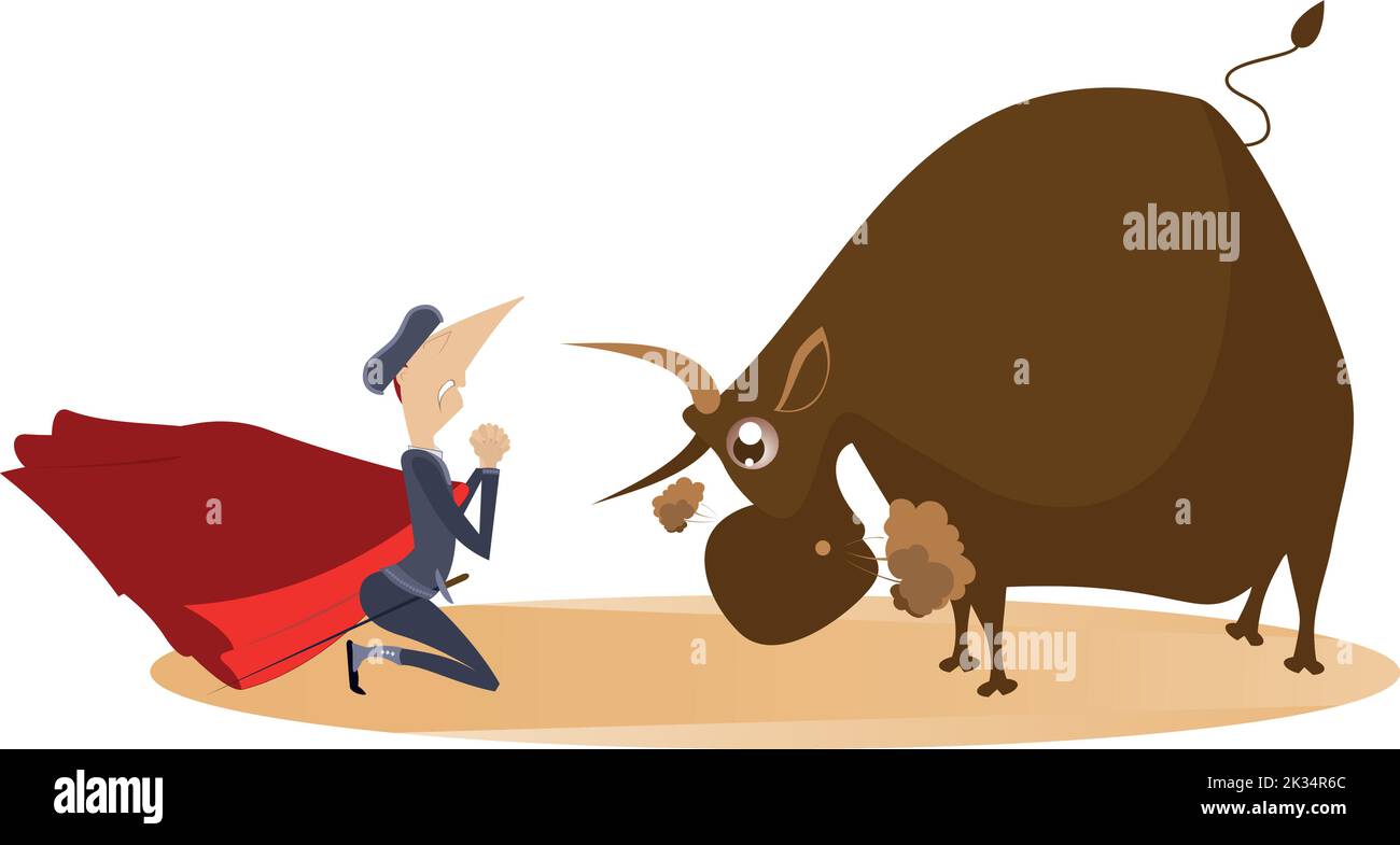 Bullfighter and angry bull. Cartoon bullfighter with matador cape and ...