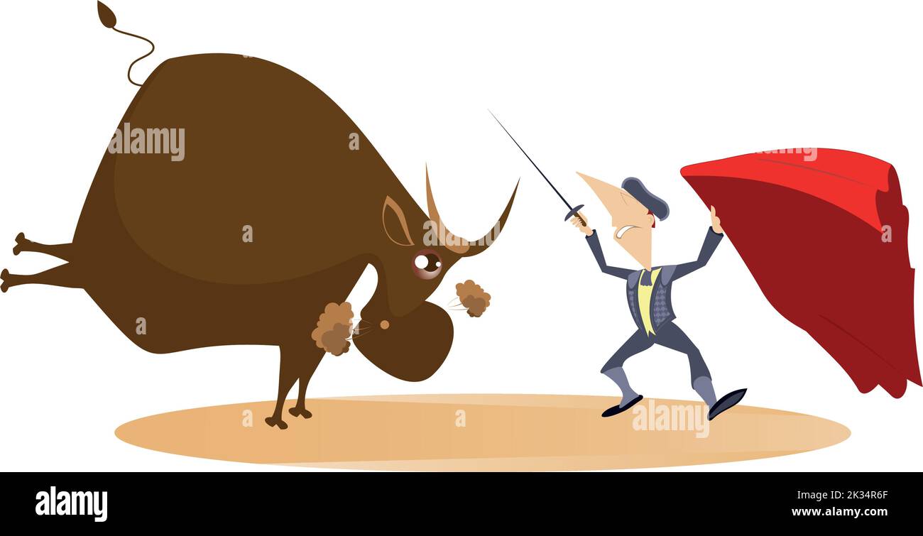 Bullfighter and angry bull illustration. Cartoon bullfighter with ...