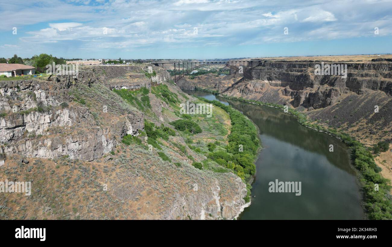 An aerial view of the river surrounded by rocks and cliffs Stock Photo ...