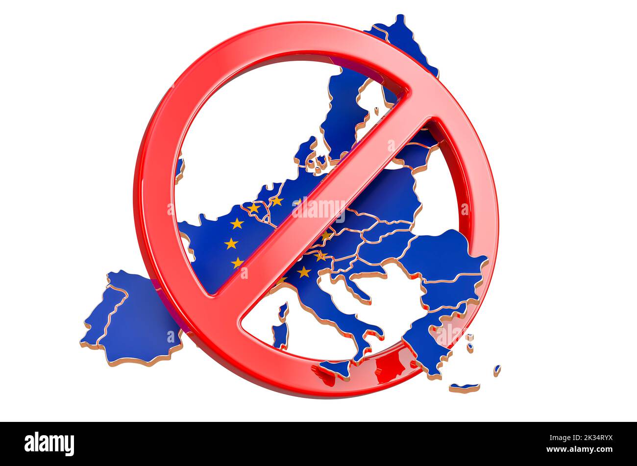 The EU map with forbidden sign, 3D rendering isolated on white ...