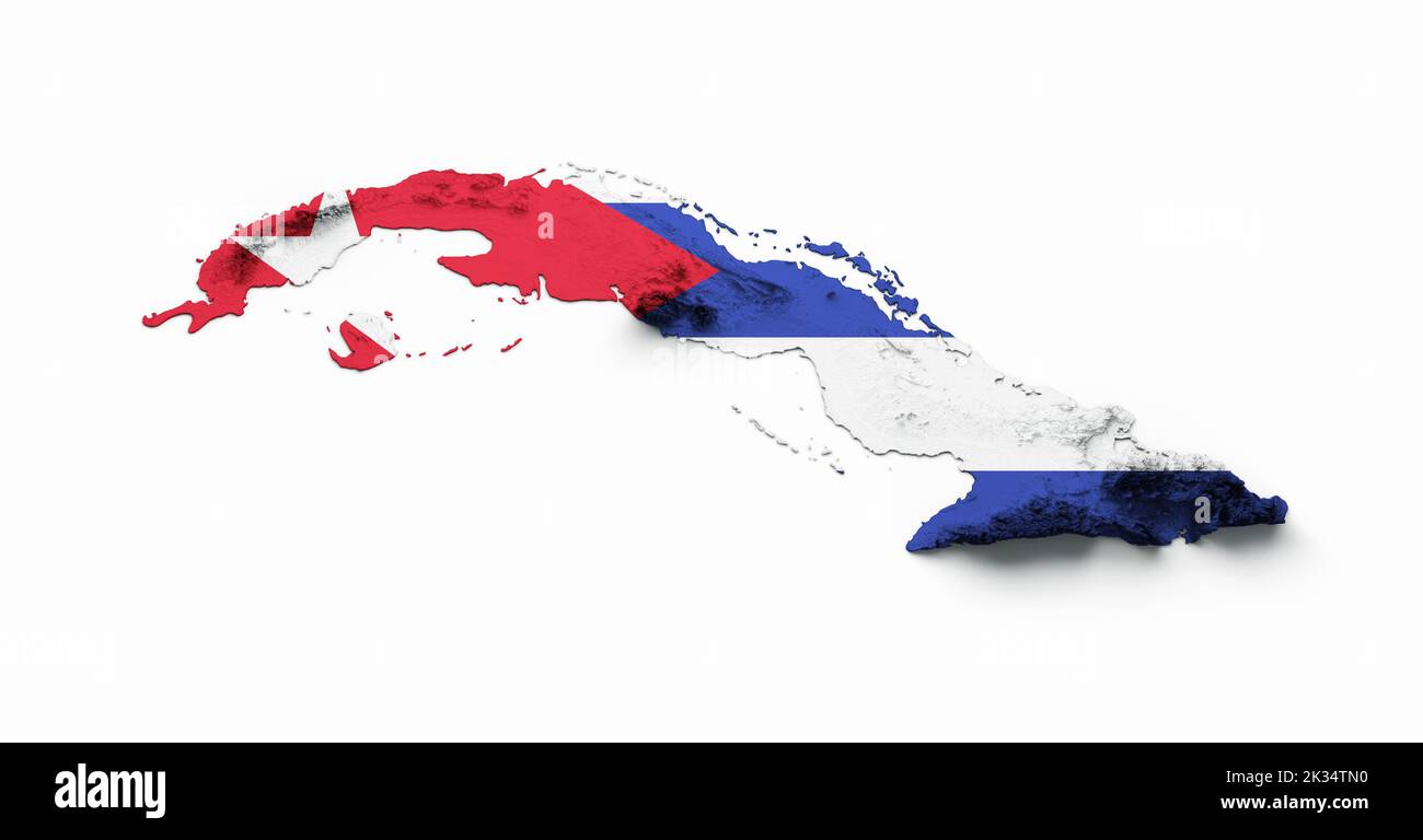 The shaded relief map of Cuba with the flag colors isolated on a white ...