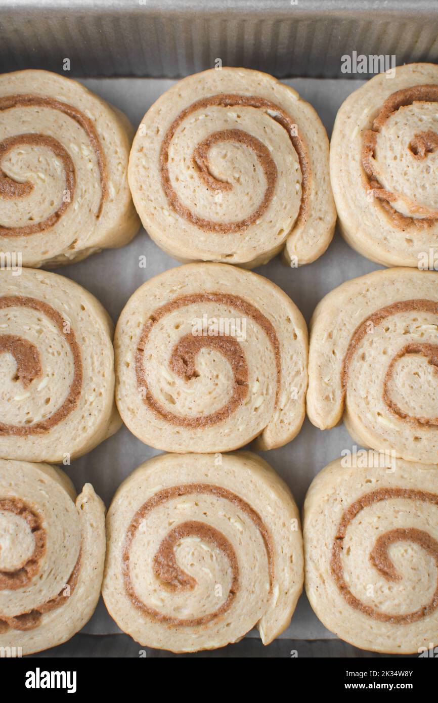 Proofed cinnamon roll dough in a metal tin, dough that has doubled in ...