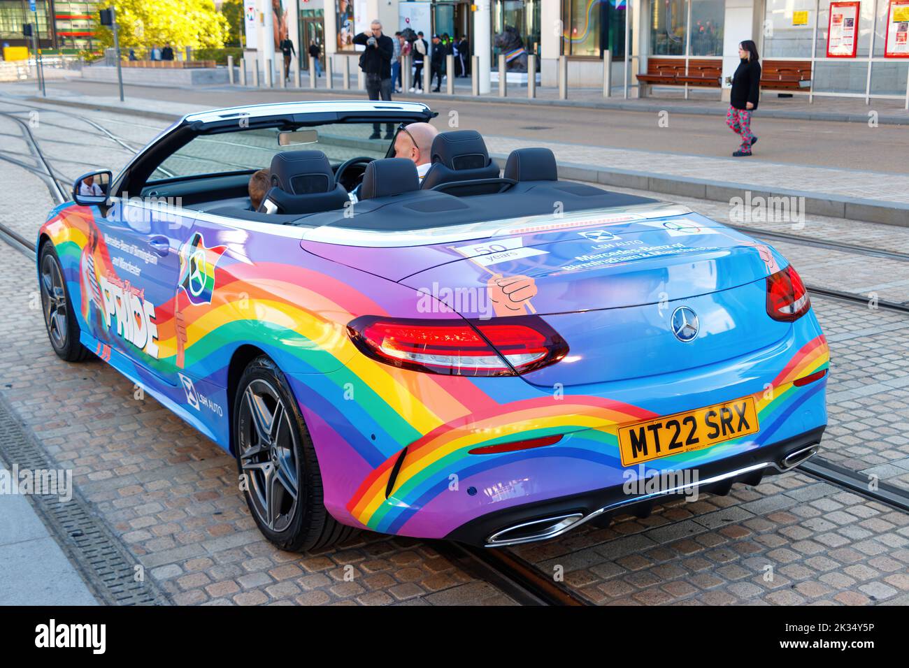 convertible Mercedes with decals at Gay Pride parade protest 2022 in ...