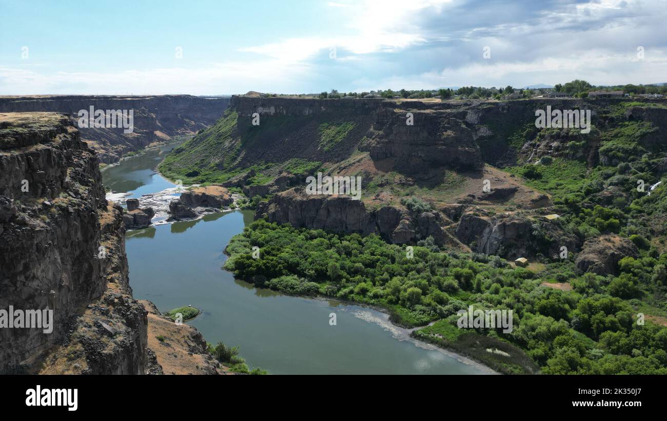 An aerial view of the beautiful rocky Snake River Canyon in Idaho ...