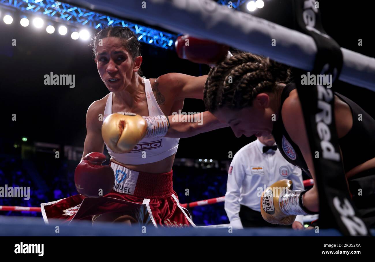 Sarah Mahfoud (right) in action against Amanda Serrano in their WBO, WBC, IBF AND IBO World ...