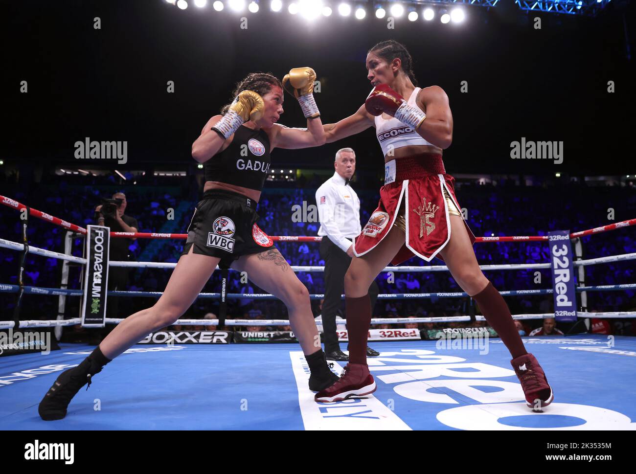 Sarah Mahfoud (left) in action against Amanda Serrano in their WBO, WBC, IBF AND IBO World ...
