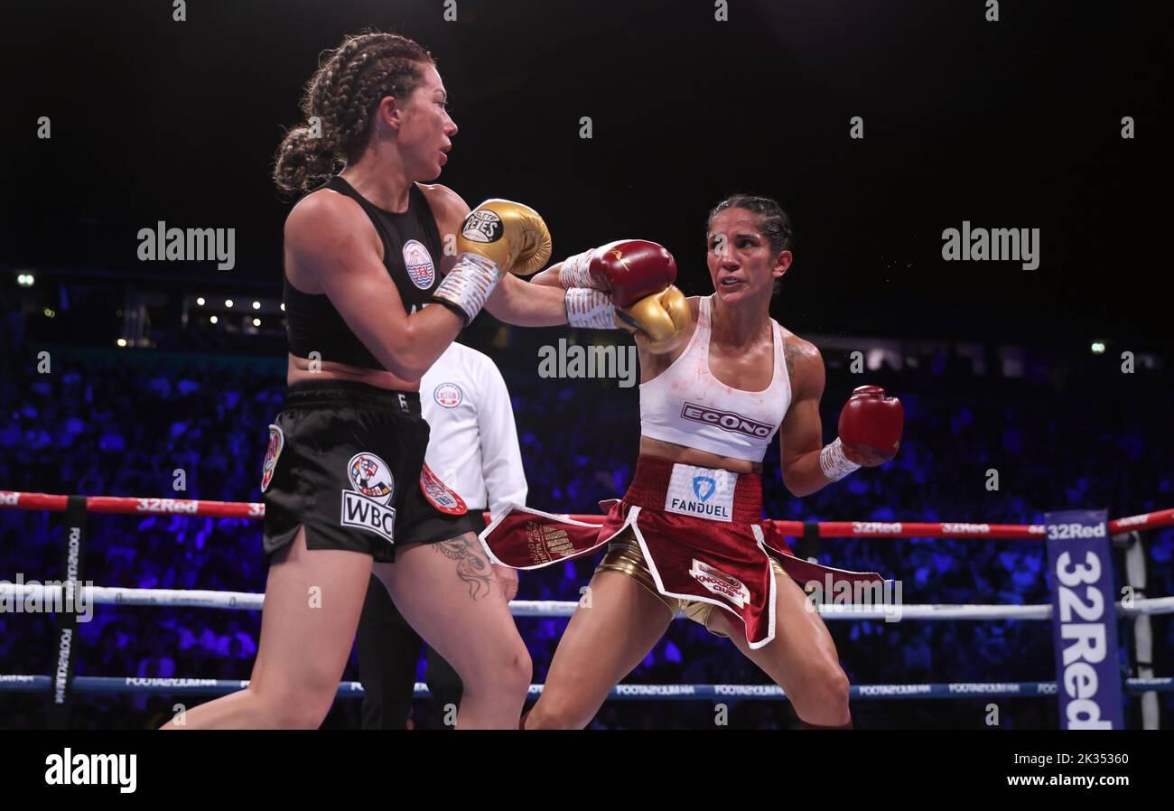 Sarah Mahfoud (left) in action against Amanda Serrano in their WBO, WBC ...