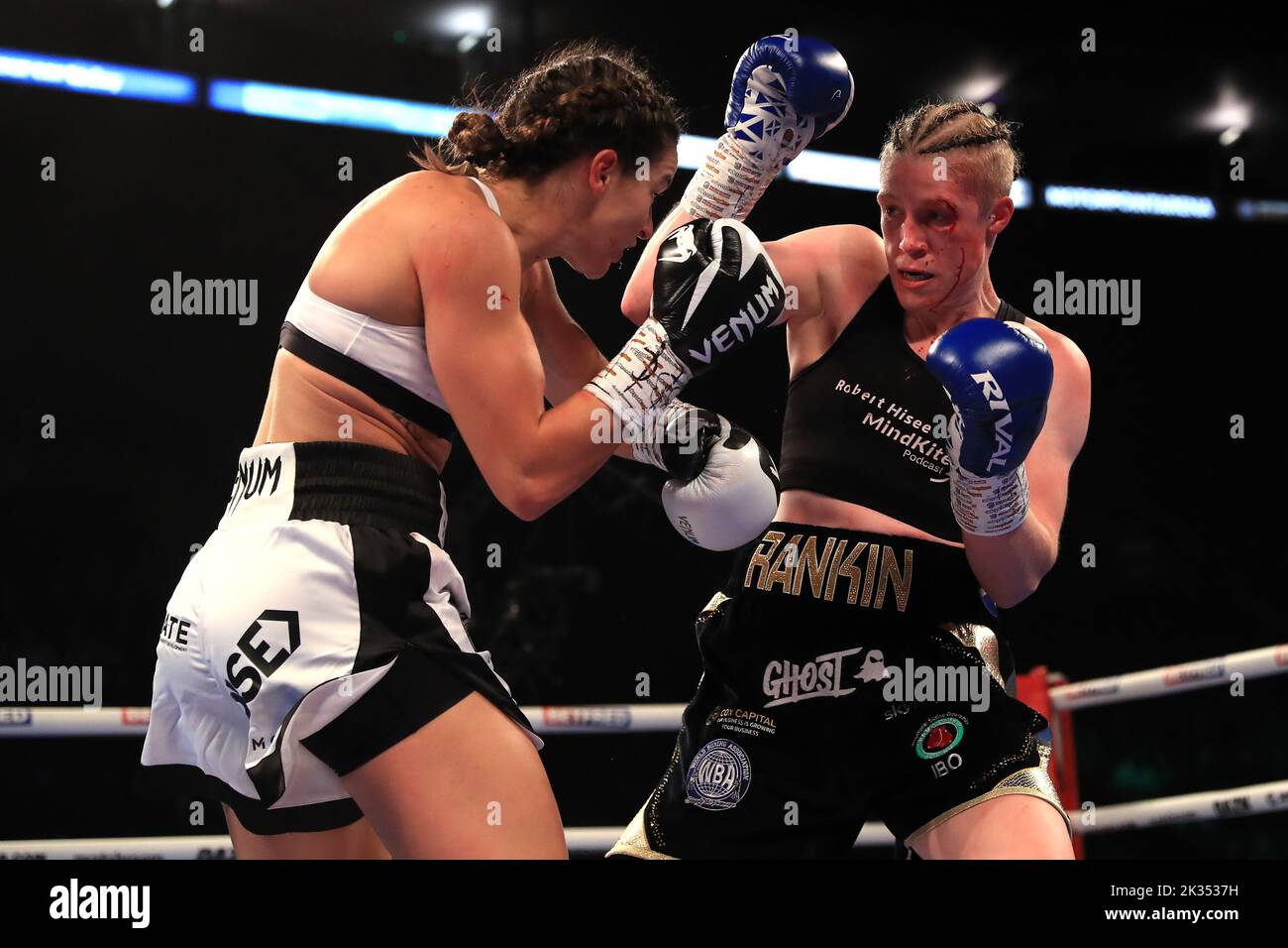 Terri Harper (left) in action against Hannah Rankin in the WBA and IBO ...