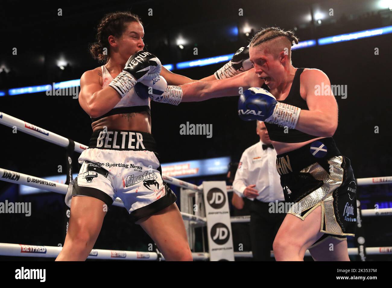 Terri Harper (left) in action against Hannah Rankin in the WBA and IBO ...