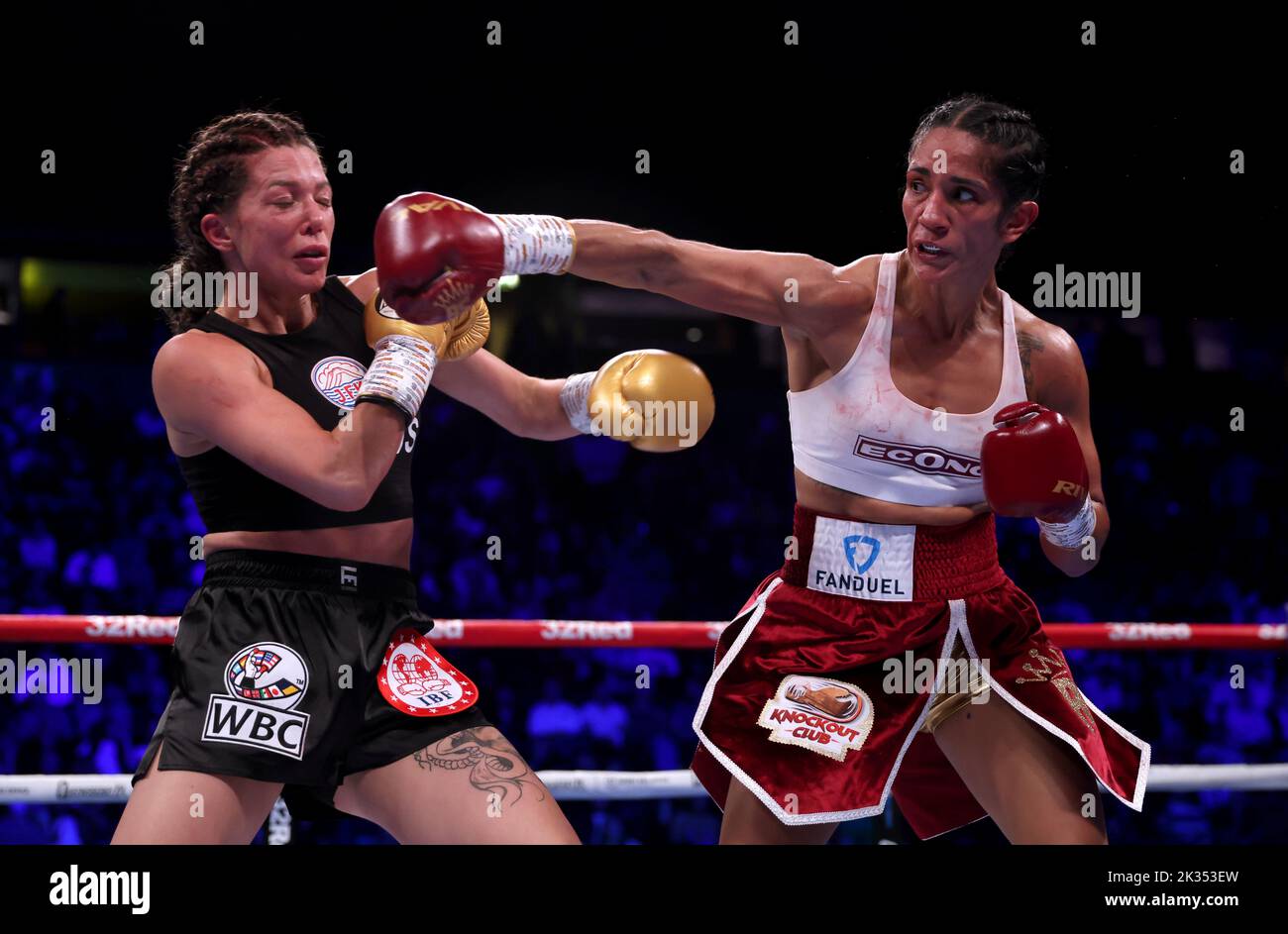 Sarah Mahfoud (left) in action against Amanda Serrano in their WBO, WBC, IBF AND IBO World ...
