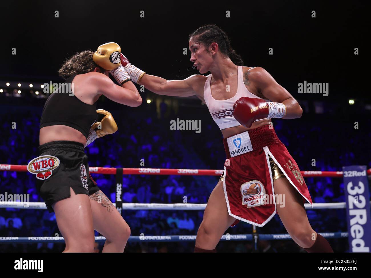 Sarah Mahfoud (left) in action against Amanda Serrano in their WBO, WBC, IBF AND IBO World ...