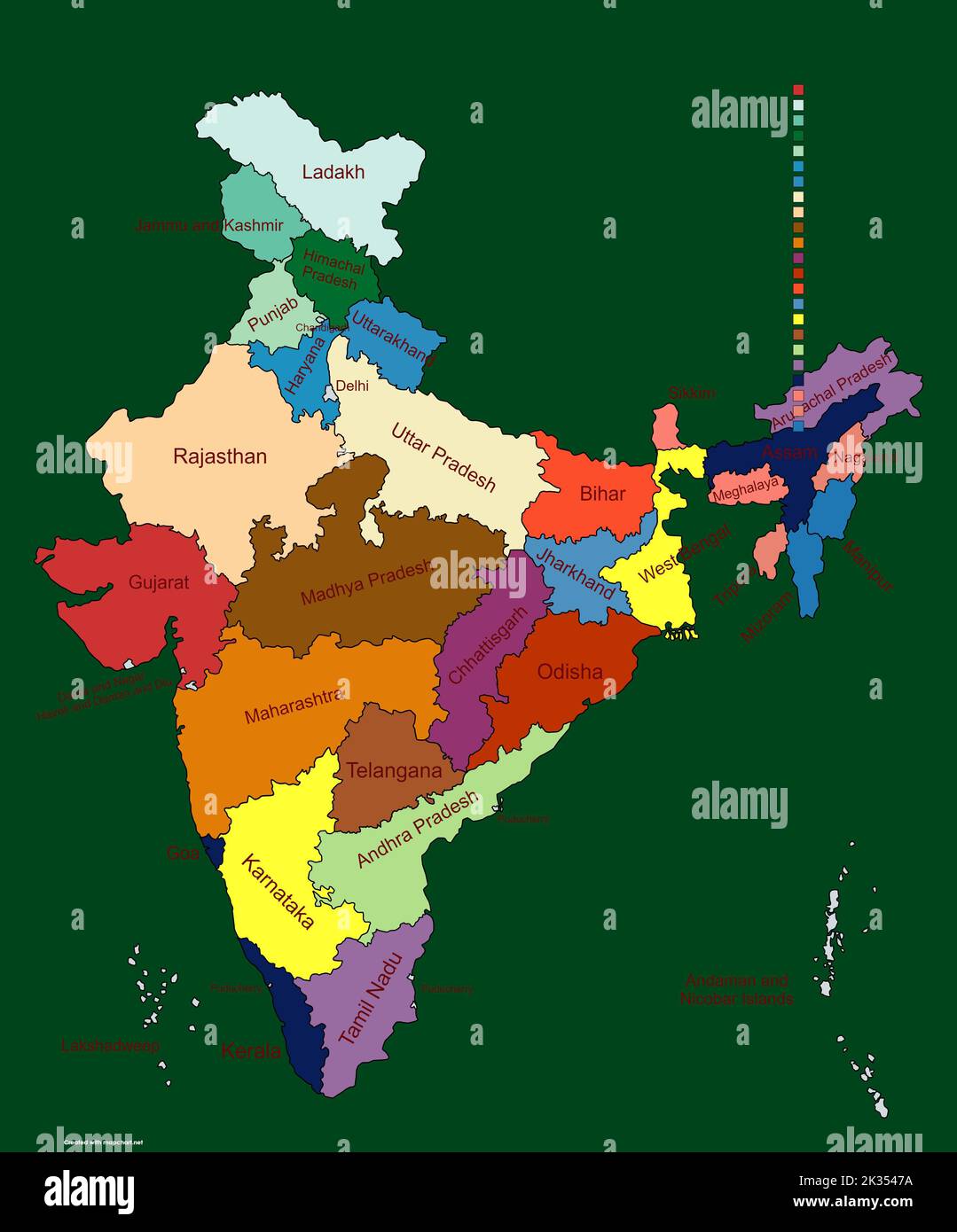 A vertical digital India map on green background with place names Stock ...