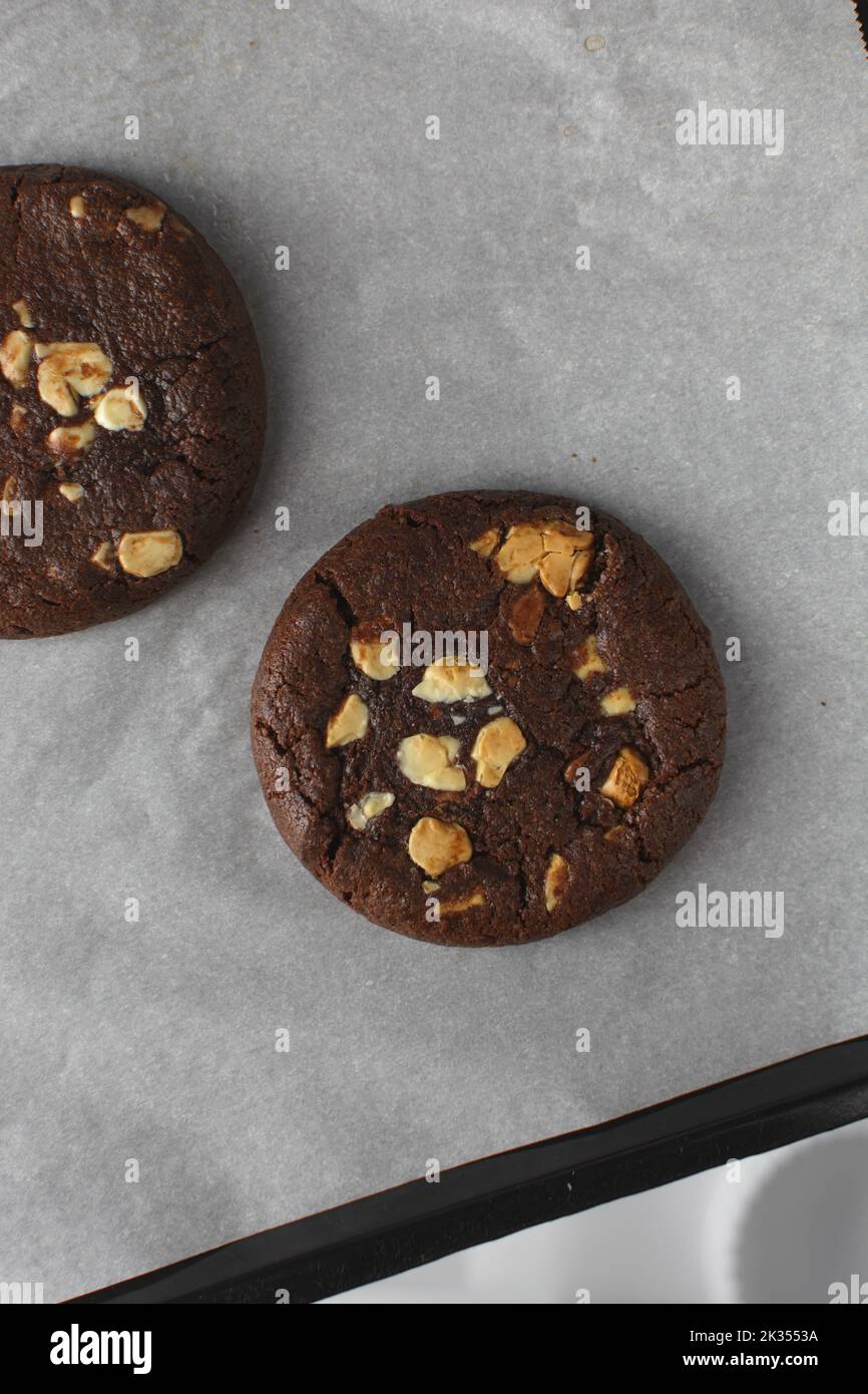 Top view of triple chocolate chip cookie, flat lay of dark chocolate ...
