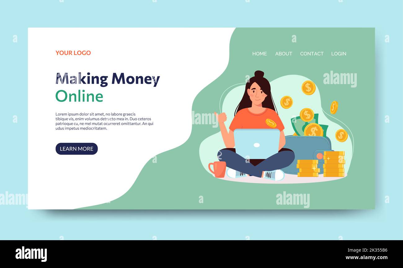 Woman earning money on the Internet. Vector banner in flat style ...