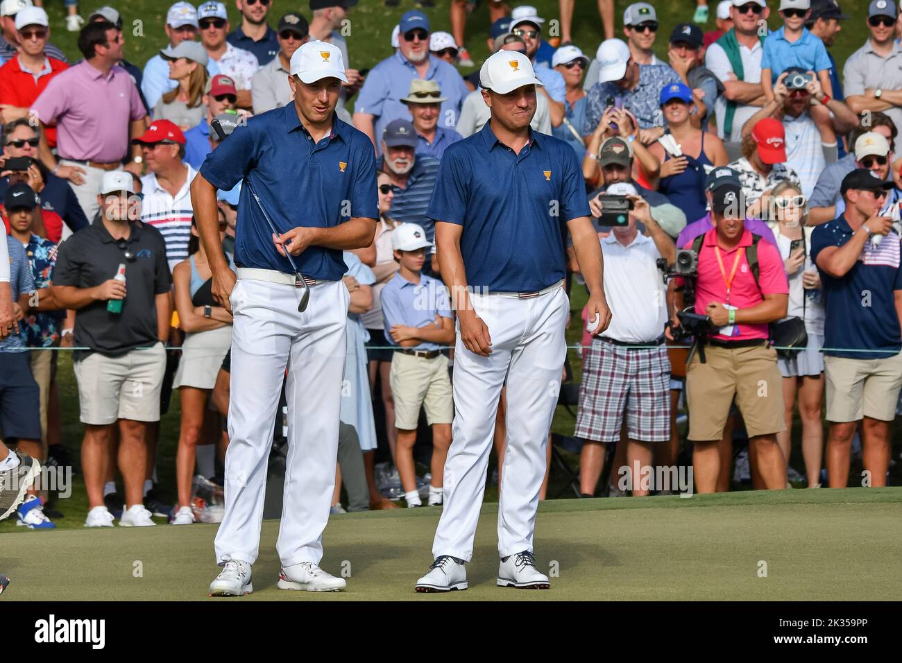 Charlotte, NC, USA. 24th Sep, 2022. Jordan Spieth and Justin Thomas on the 15th green during the ...