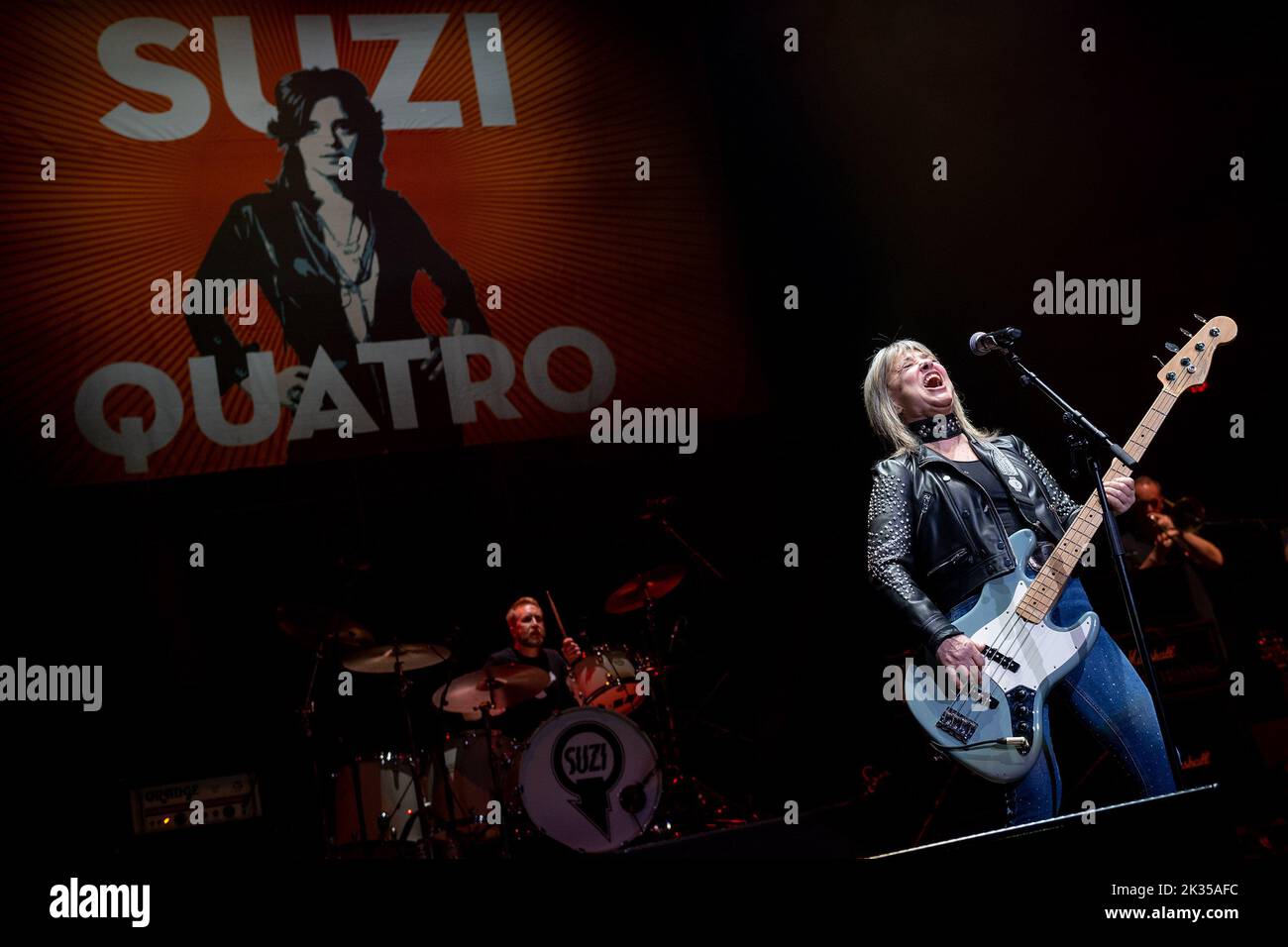 LONDON, ENGLAND: Suzi Quatro performs on stage at the Royal Albert Hall ...