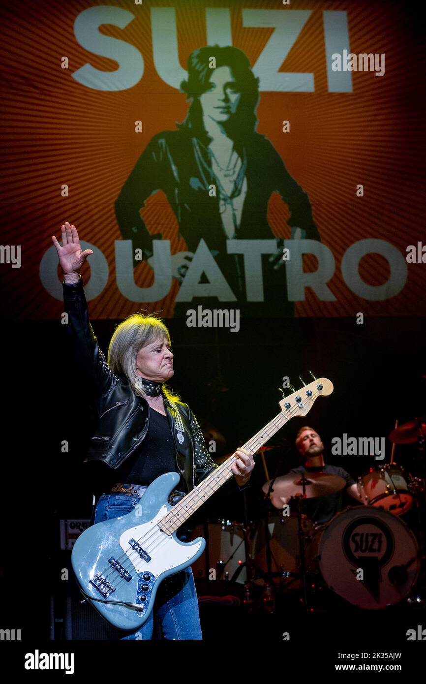 LONDON, ENGLAND: Suzi Quatro performs on stage at the Royal Albert Hall ...