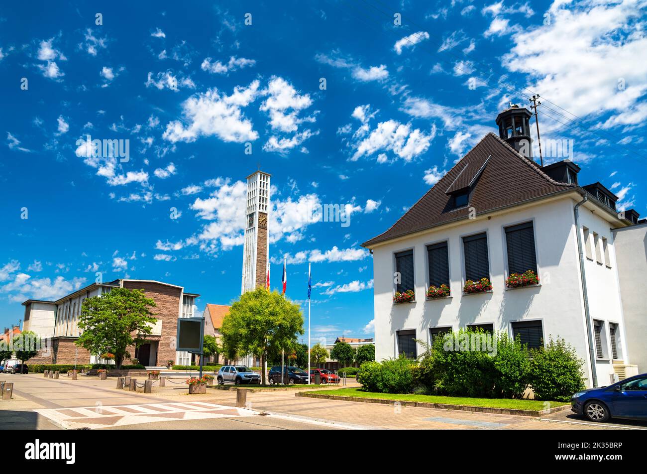 Town hall and Saint Michel Church in Rhinau - Bas-Rhin, France Stock ...