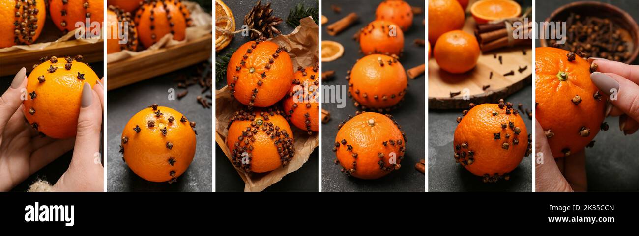 Collage with many aromatic pomander balls for Christmas celebration ...