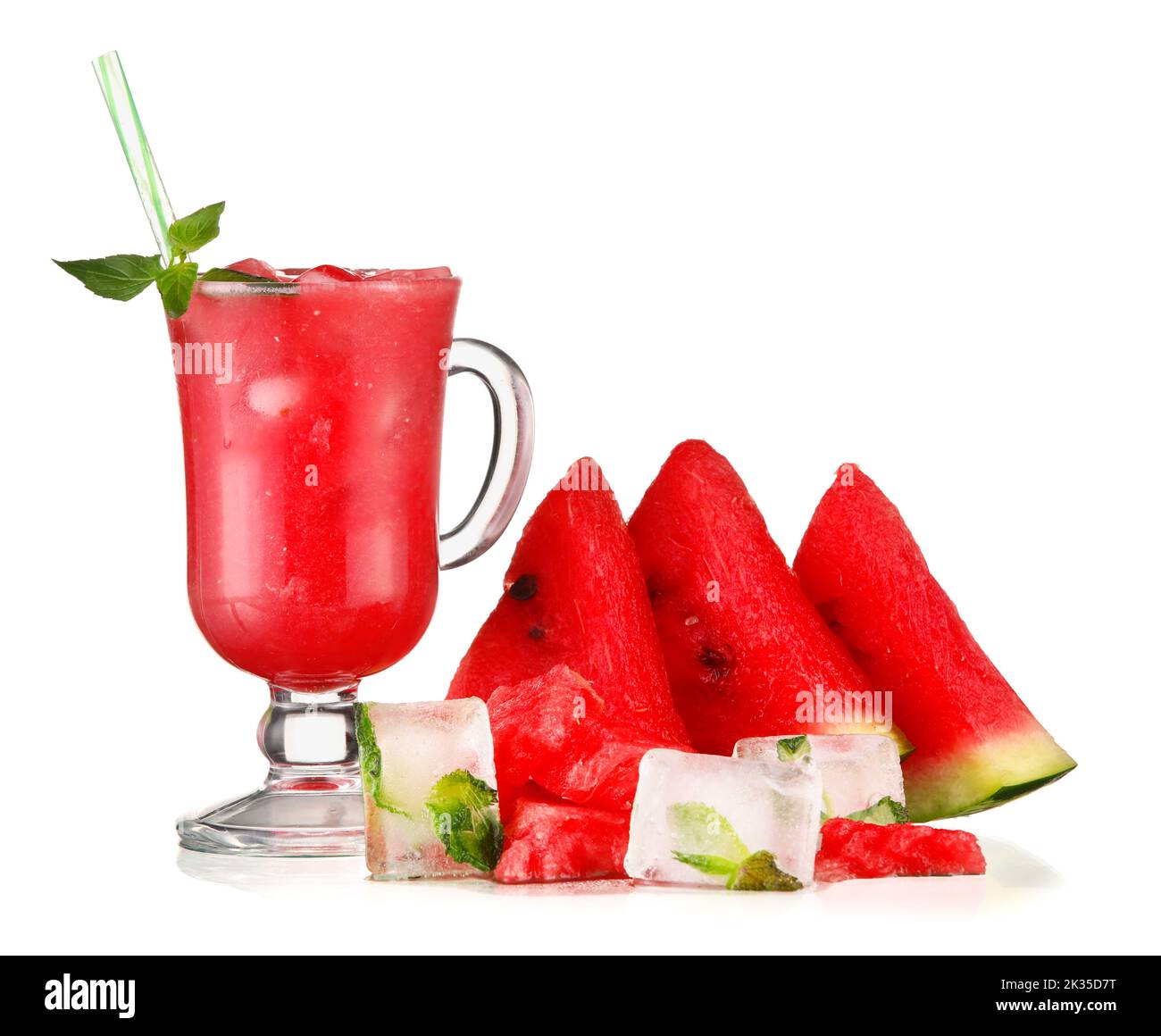 Glass of cold watermelon fresh and ice cubes isolated on white ...