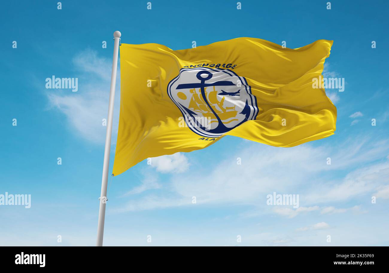 official flag of Anchorage, Alaska untied states of America at cloudy ...